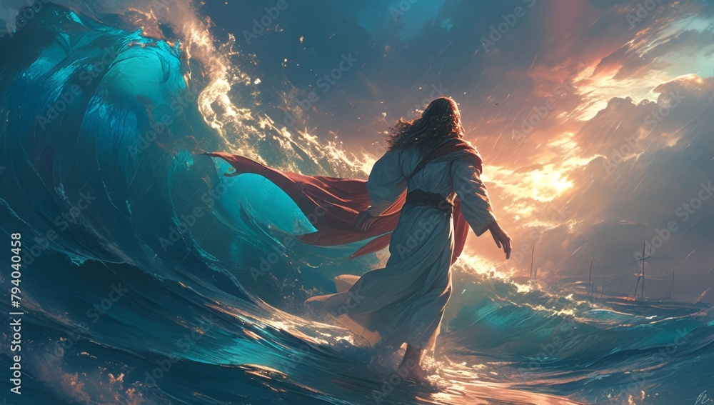 Jesus walks on water during storm at sea, waves ocean, miracle, 4k ...