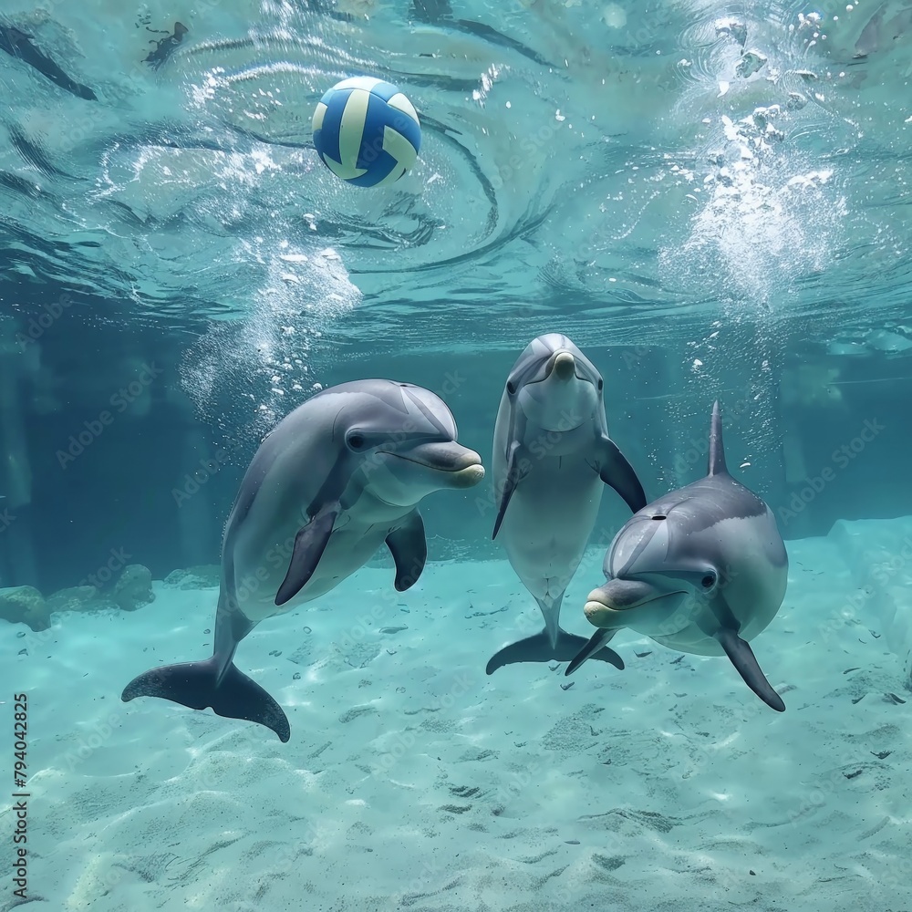 Dolphins exhibit teamwork, playing an underwater game of volleyball ...