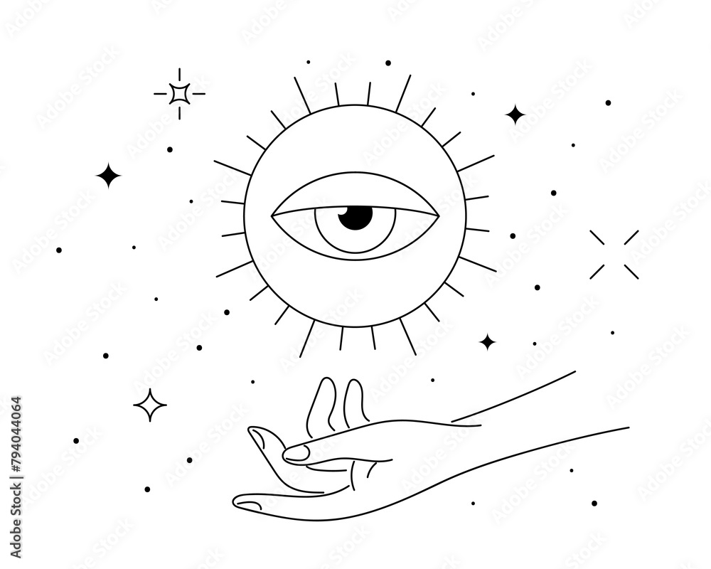 Mystic celestial eye in summer solstice sign levitate over woman hand ...