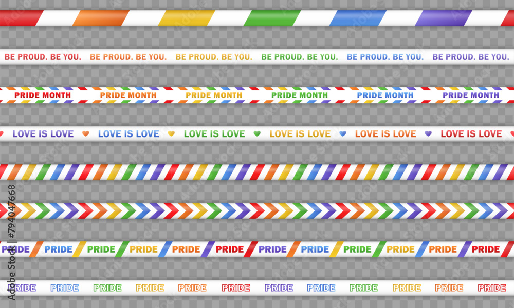 Set of white barricade tapes with rainbow LGBT flag diagonal stripes ...