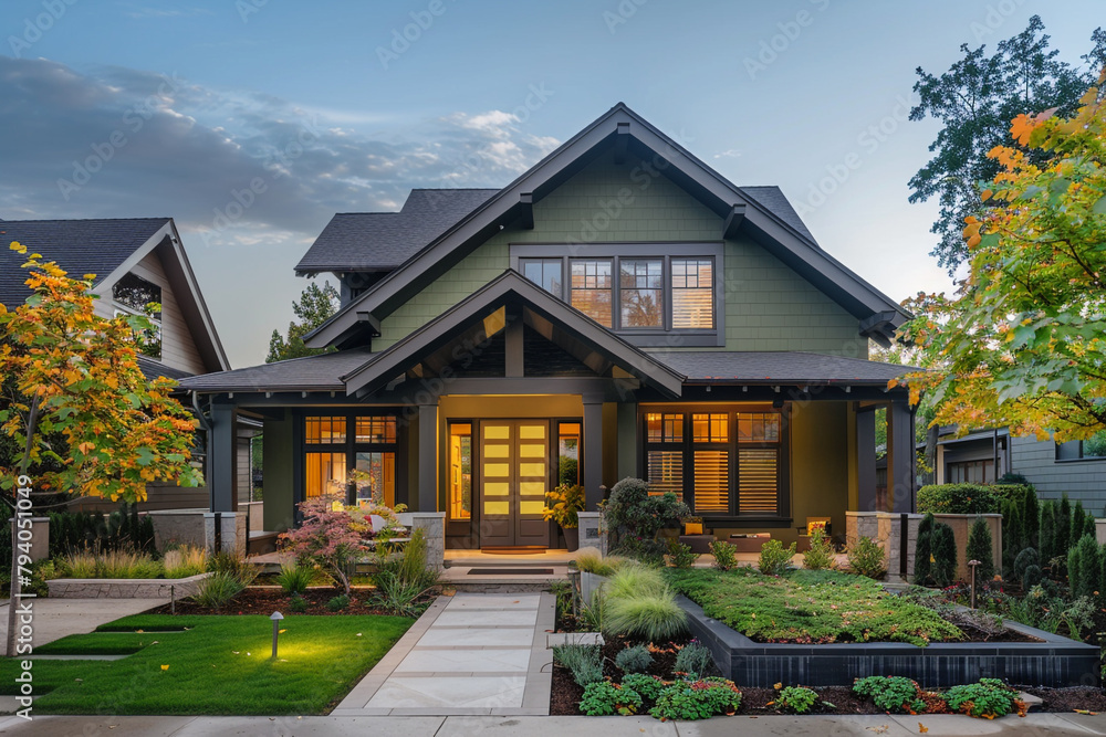 A modern olive green craftsman cottage style home, featuring a triple ...
