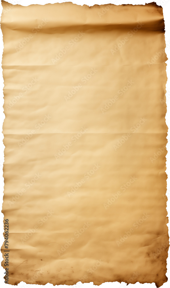ANCIENT CRUMPLED LETTER, Isolated, Vertical aged paper, Parchment, Page ...