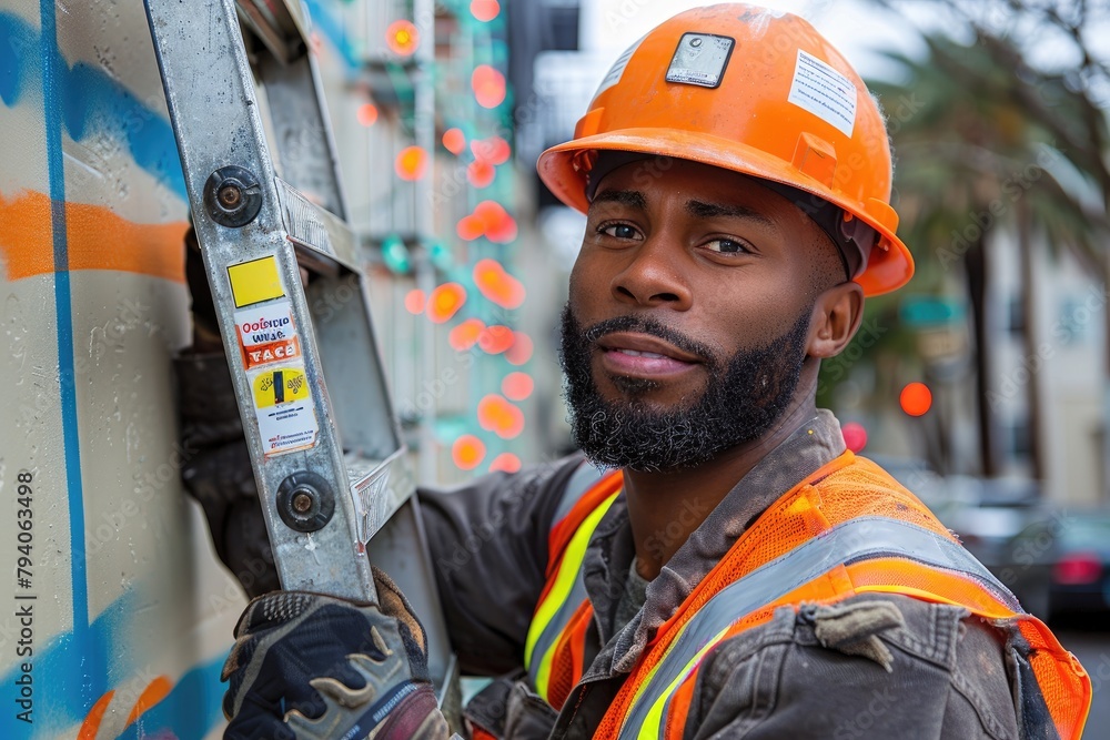 Diagram illustrating the safe setup and use of a ladder, including ...