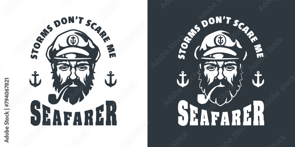 Illustrative monochrome emblems of a bearded sea captain wearing a ...