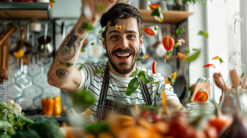 Enjoyable cooking experience as a young man happily prepares food in ...