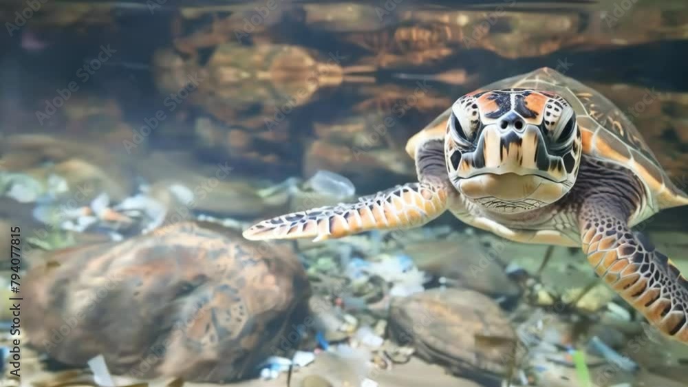 Close-up of a sea turtle swimming with plastic in clear water, its gaze ...