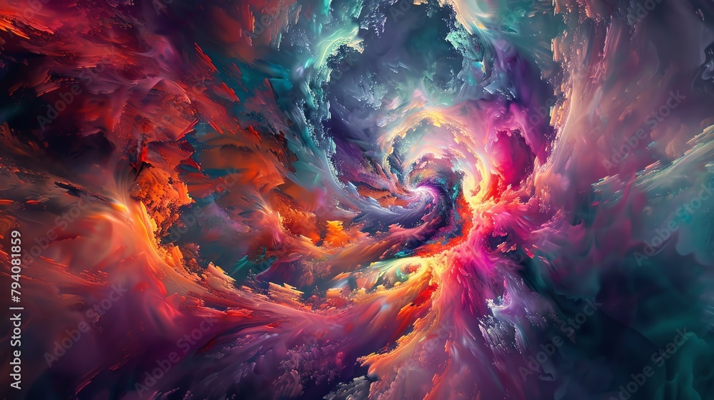 Capture the dynamic essence of a psychedelic explosion in an abstract ...
