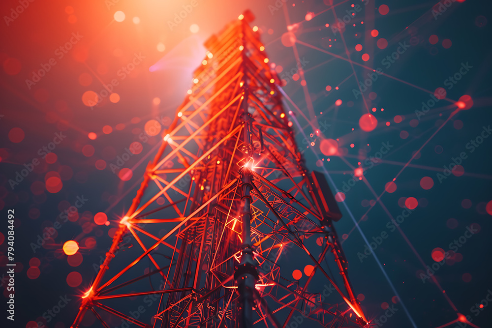 A futuristic wireframe-based visualization with a 5G tower against a ...