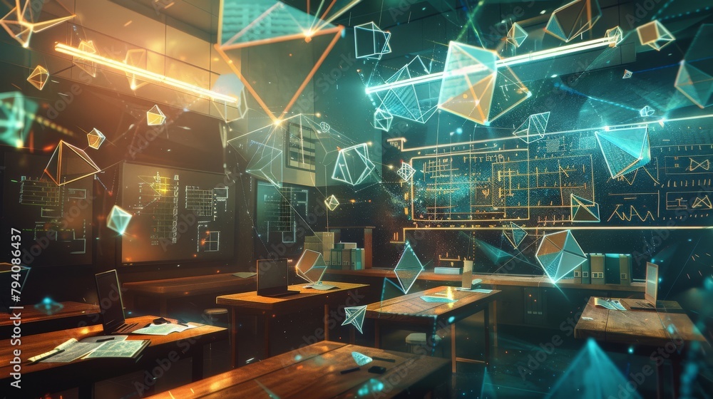 Visualization Of A Math Class With Geometric Shapes And Formulas Floating Around Stock