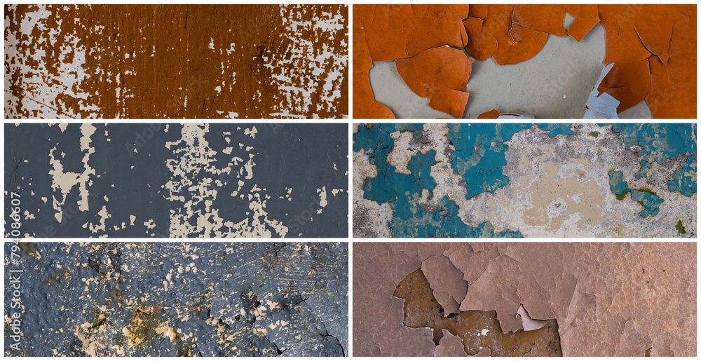 Set of peeling paint textures. Old concrete walls with cracked flaking ...