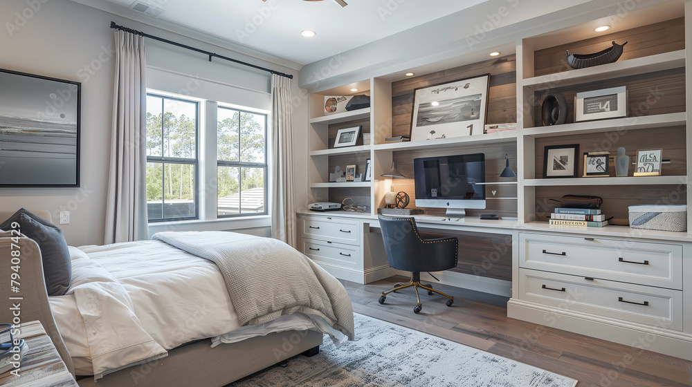 A well-organized bedroom with a designated workspace featuring a built ...