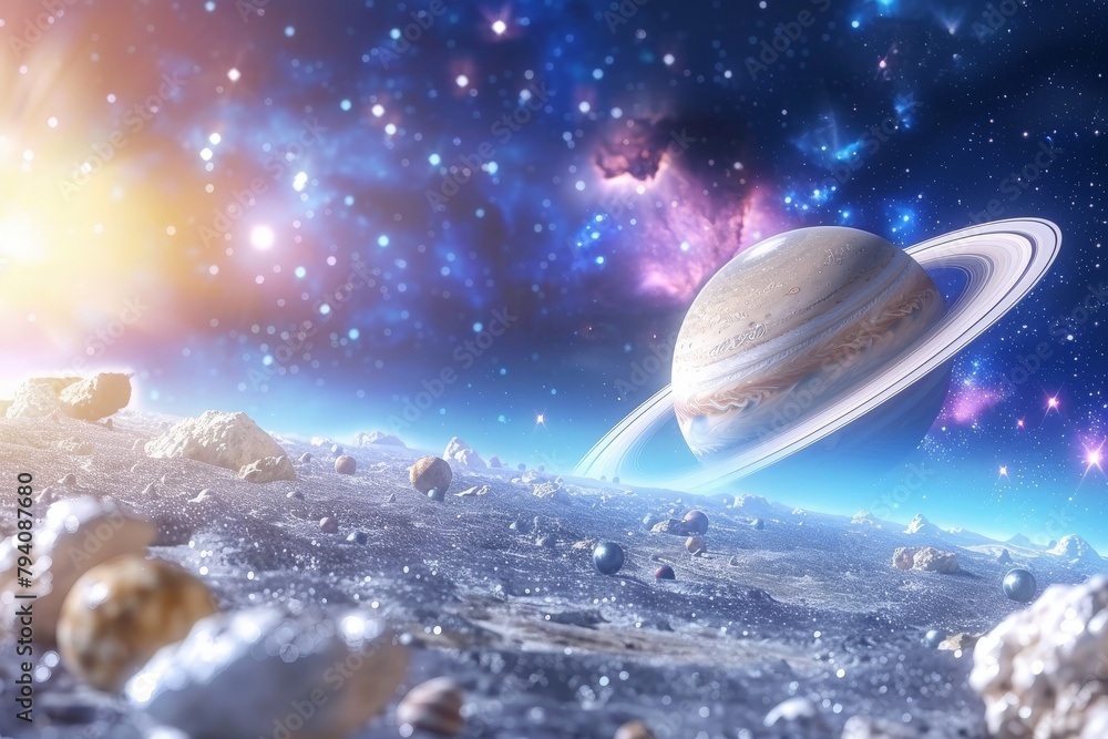 Saturn from space - realistic and beautiful - approaching planet with ...