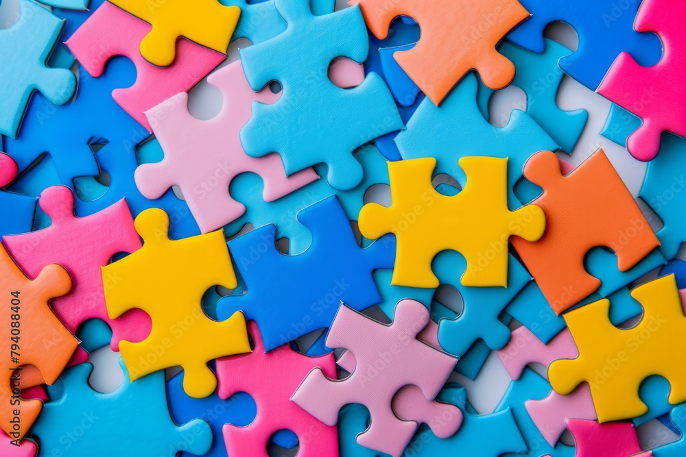 Colorful jigsaw puzzle pieces coming together to form kid head on light ...