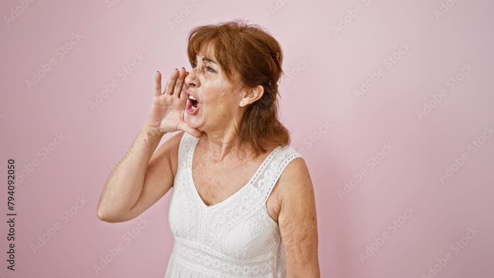 Furious middle age woman in pink dress, angrily yelling off to the side ...