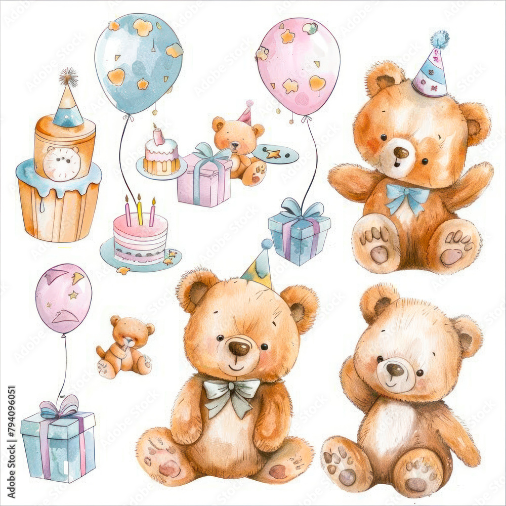 Cute baby bear cartoon clipart. Watercolor children's stickers with ...