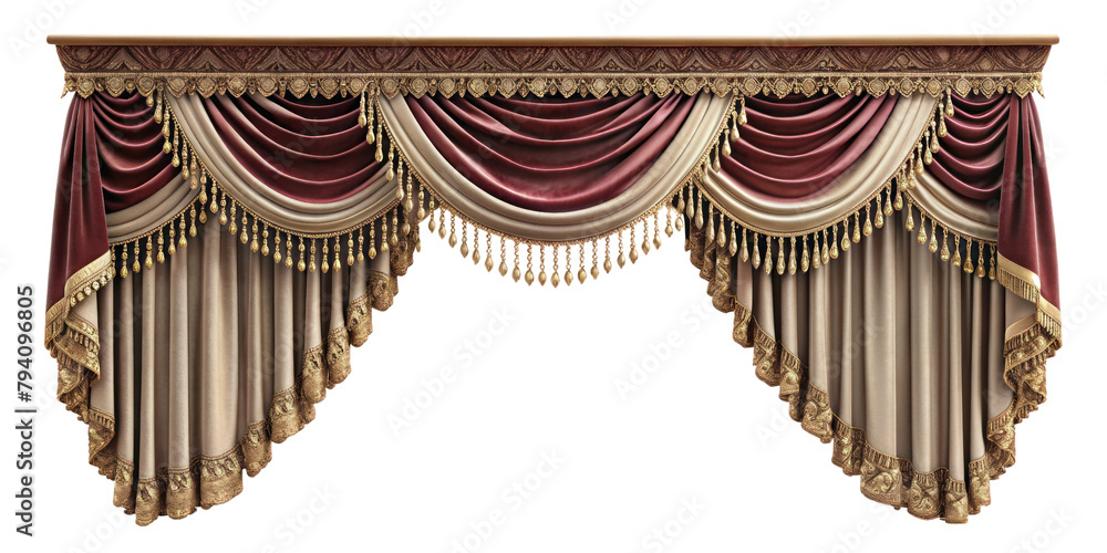 Beautiful curtain of a theater or a opera opening on a transparent ...