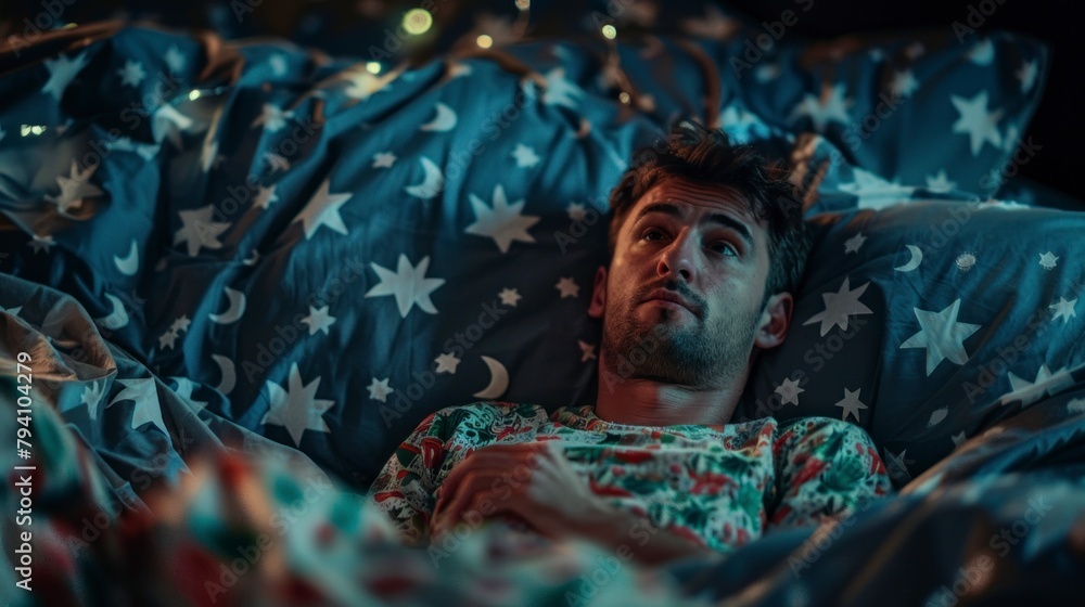 man lying in bed with pajamas with a worried face with insomnia at ...
