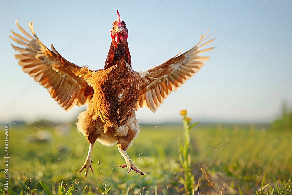 Silly chicken jumping with wings spread wide, freeze frame action shot ...
