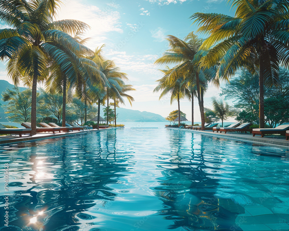 Tropical resort pool with swimup bar, relaxing holiday setting with palm trees and sun loungers ...