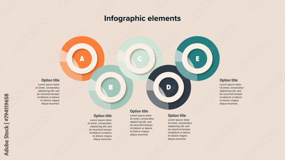 Business process chart infographics with 5 step circles. Round workflow ...