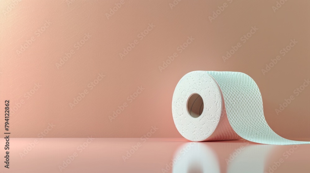 A solitary roll of toilet paper unrolling gracefully against a soft ...