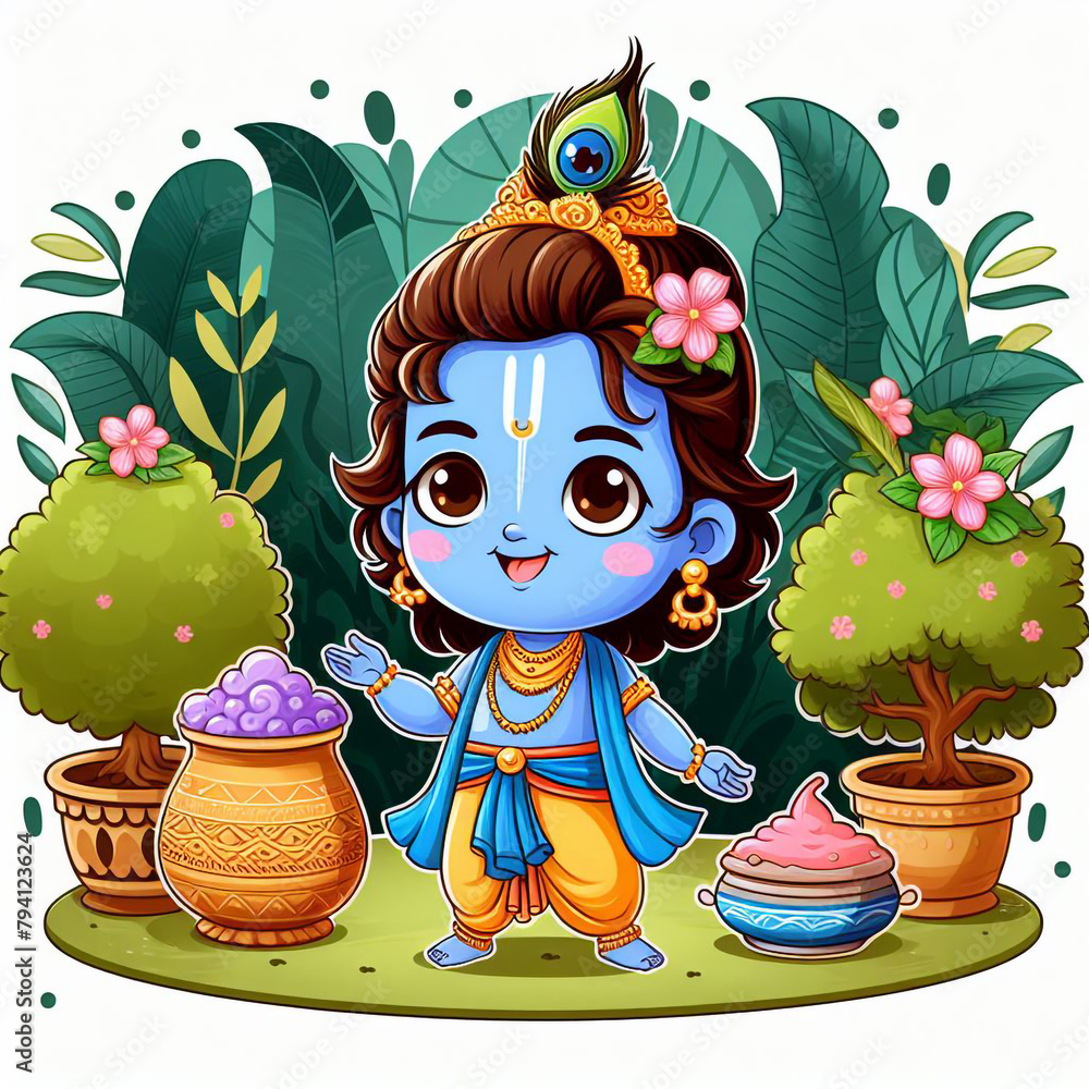 Lord Krishna kid cartoon character sticker Stock Illustration | Adobe Stock