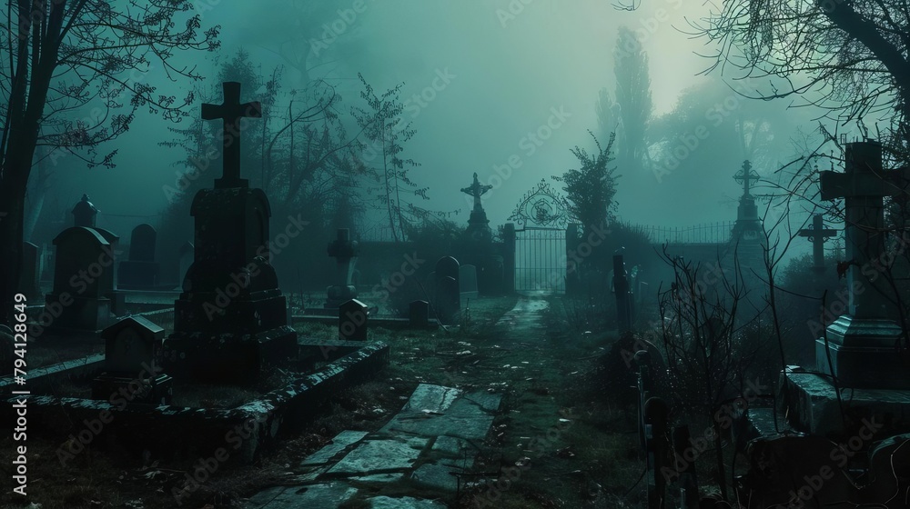 eerie abandoned cemetery path at night dark fantasy misty landscape vast foggy graveyard scene ...