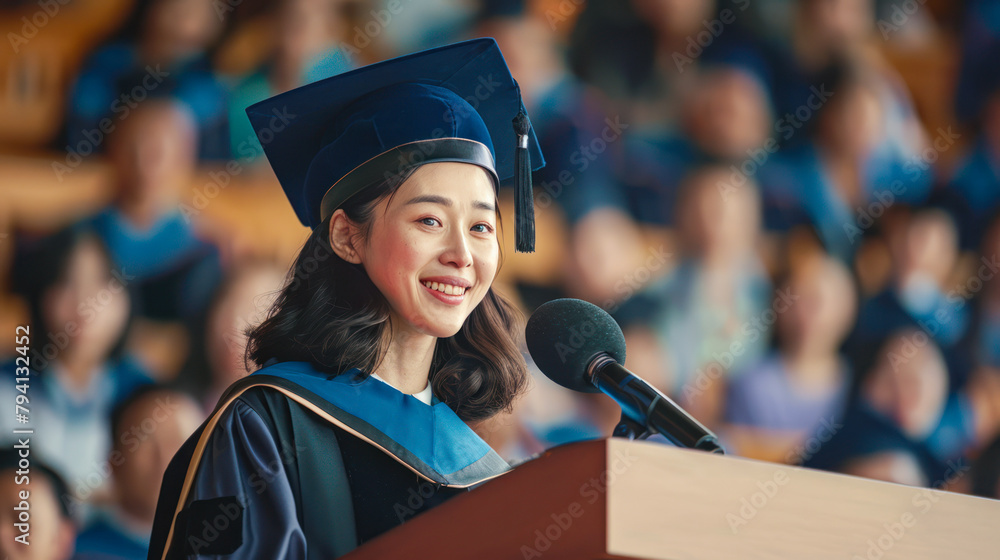 Young happy woman in a gown and a mortarboard stands at a podium and ...