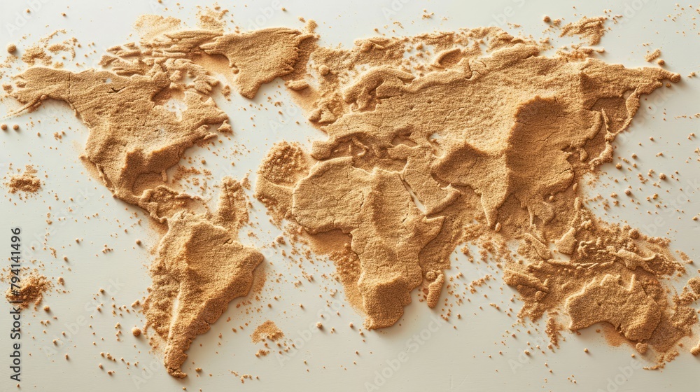 Top view of a splash of sand forming the shape of a world map, set ...