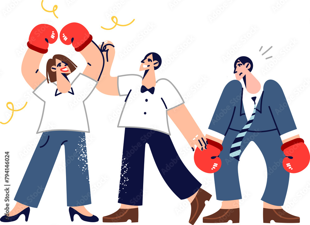 Gender struggle between man and woman in boxing gloves or fought for ...