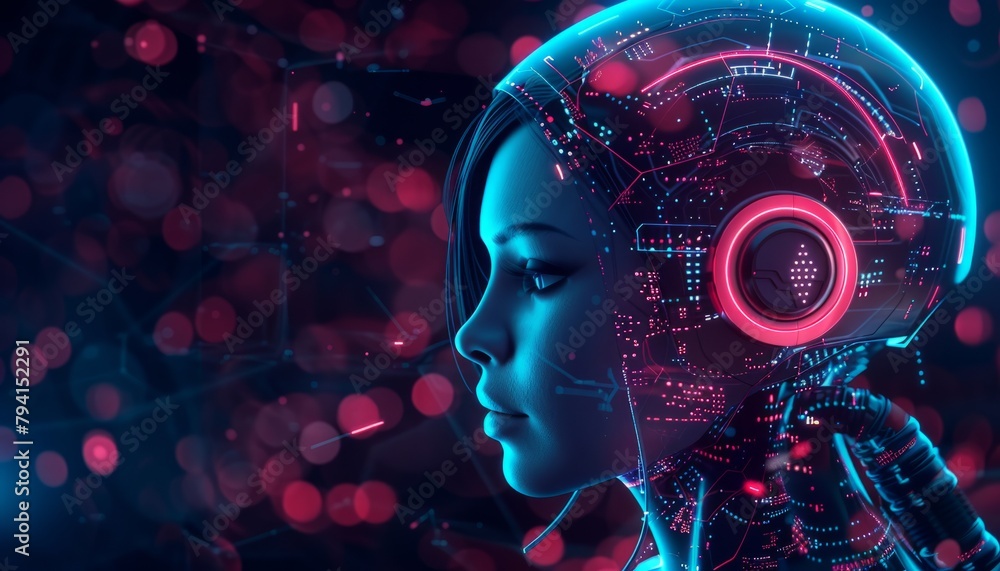 Humanoid female robot avatar chatbot. Round icon of AI face in image ...