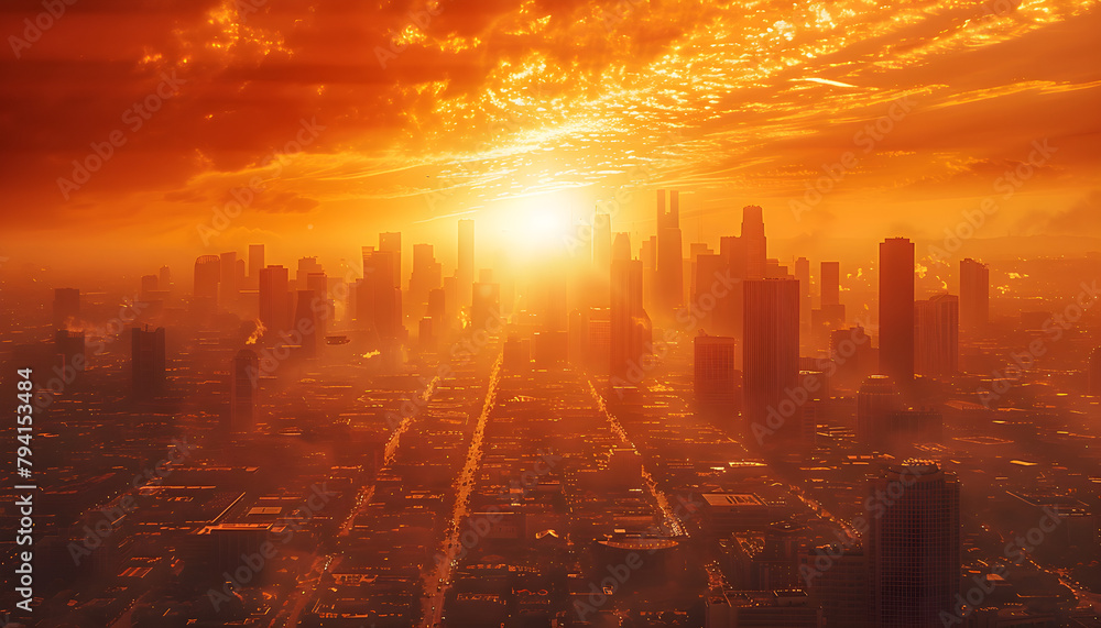 A city skyline during a heatwave with bright sun and urban heat island ...