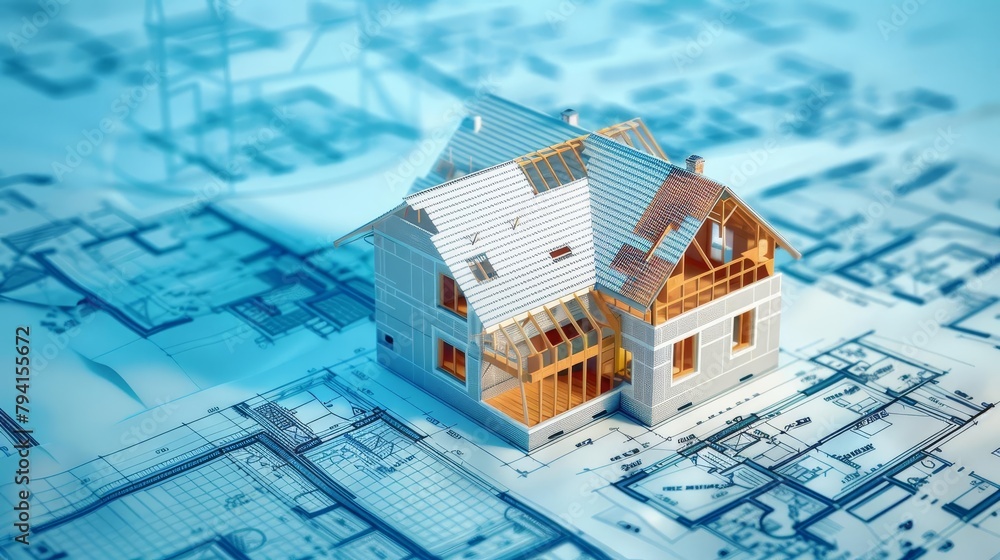 blueprint plans and 3d model of house under construction digital ...