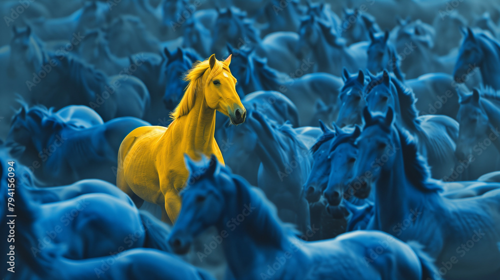 A vibrant yellow horse stands out in a crowd of identical blue horses ...