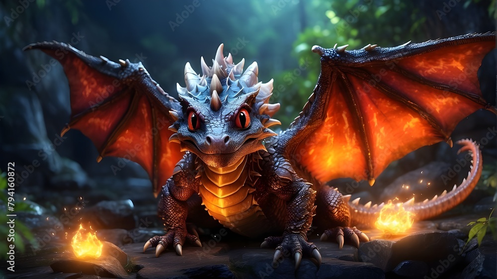 butterfly on the fire A little dragon, its scales shining. It has a ...