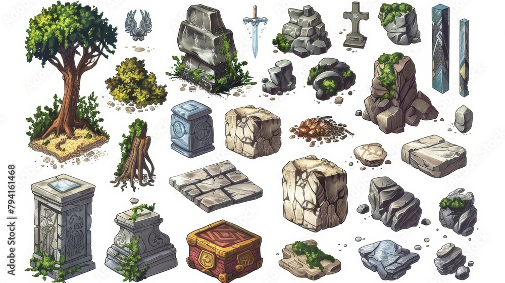 A set of various artifacts of 2D game objects on a light background ...