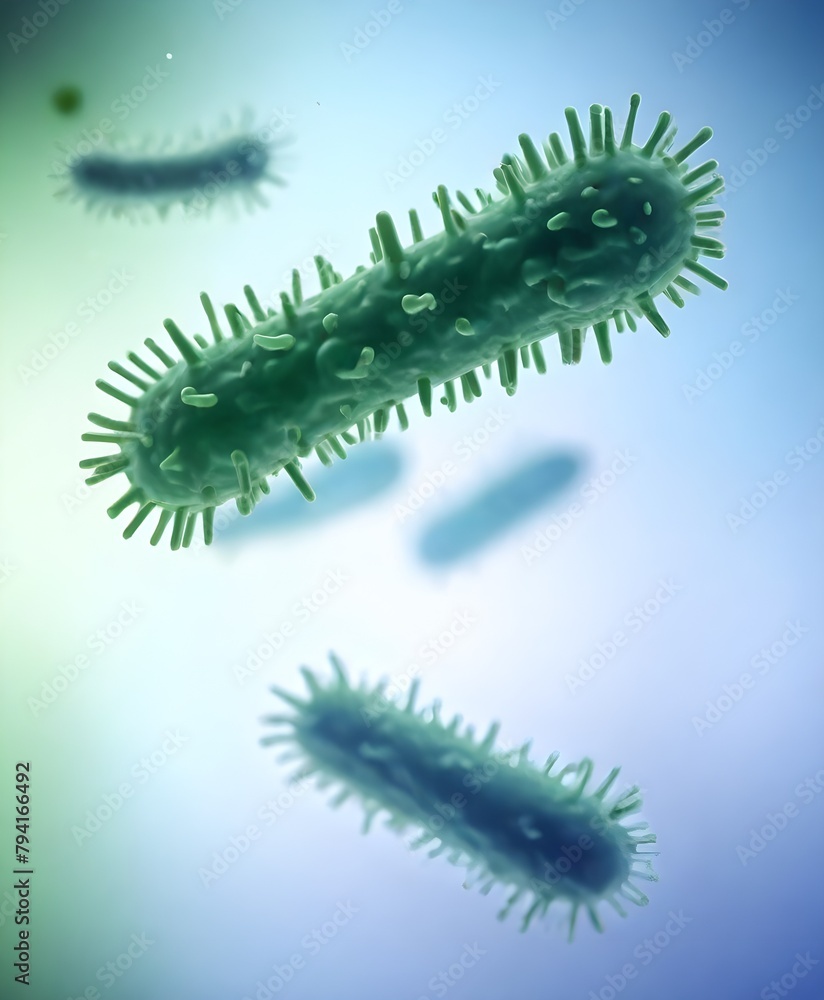 Green bacteria under a microscope, with spiky protrusions and a blurred ...