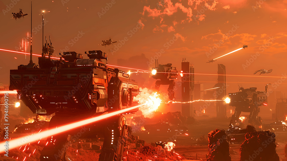 A space battle with a large ship in the middle of the action. The ship ...