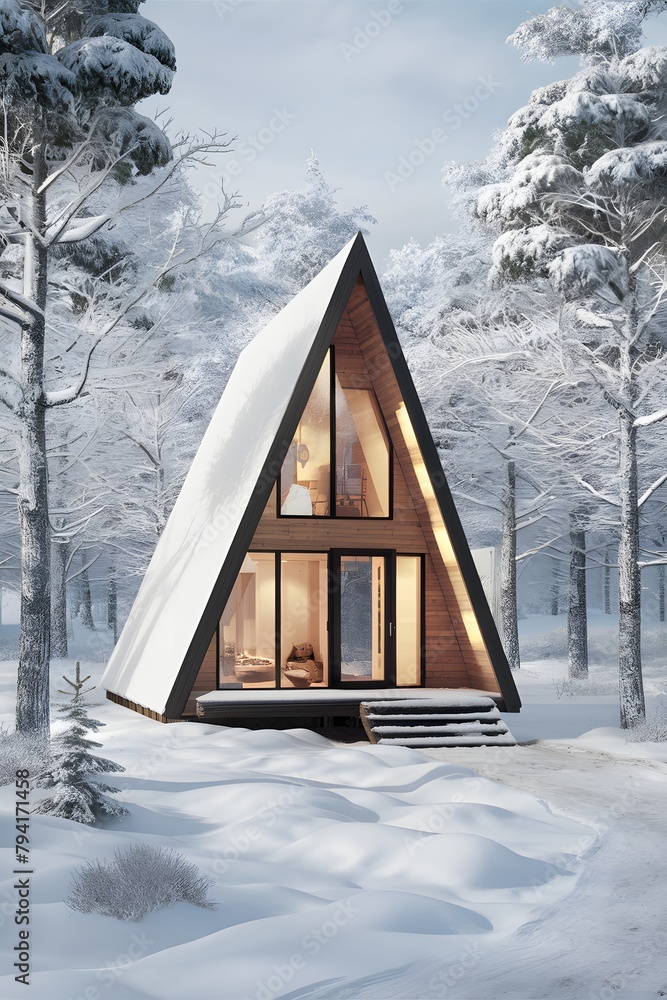 modern, triangular-shaped cabin nestled amidst a pristine, snowy forest ...