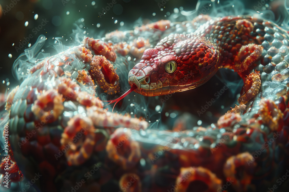 A scene showing a snake's venom affecting blood cells, with detailed ...