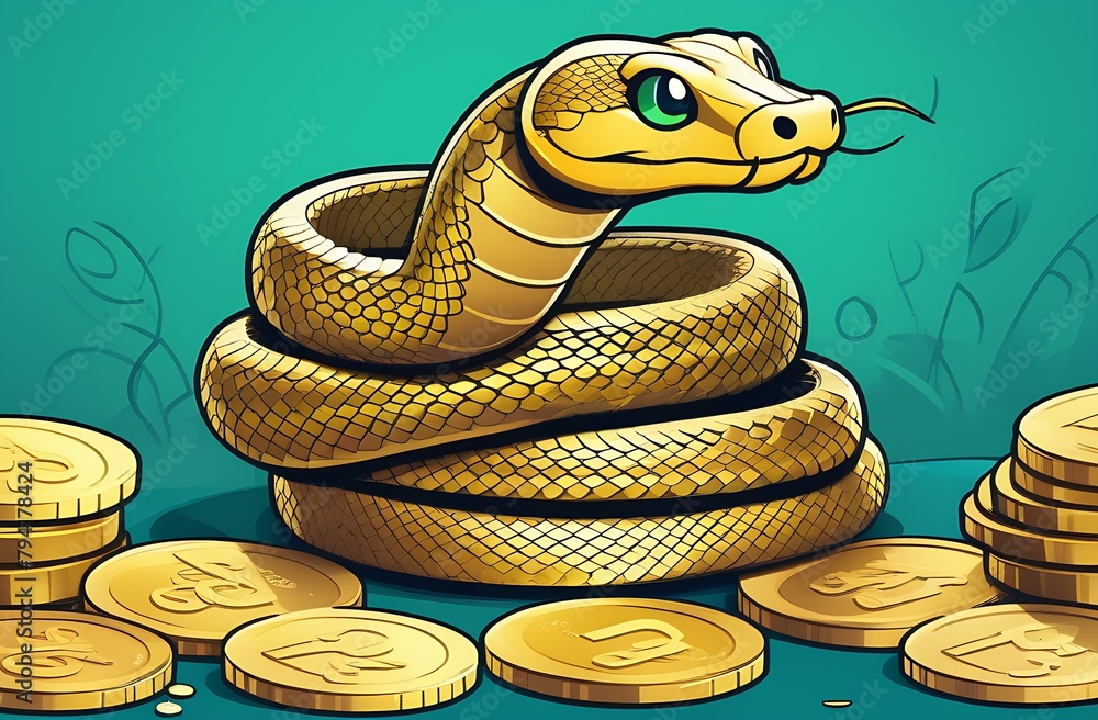 beautiful golden python snake sits on green background with gold coins ...