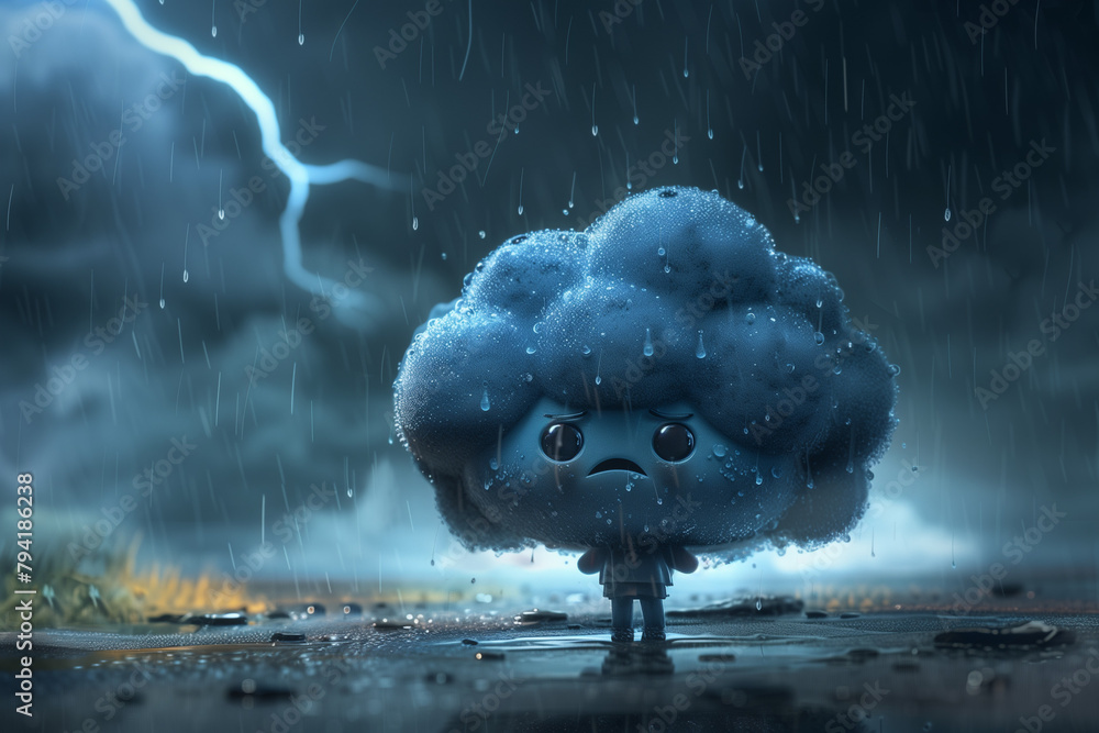 In a desolate landscape, a forlorn cartoon rain cloud standing on the ...