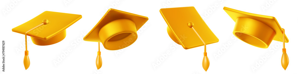 Vector illustration of set of golden graduate cap with golden tassel on ...