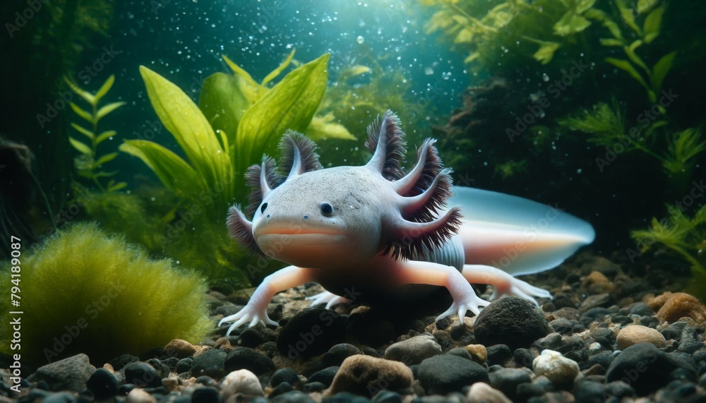 A realistic depiction of an Axolotl (Ambystoma mexicanum) in its ...