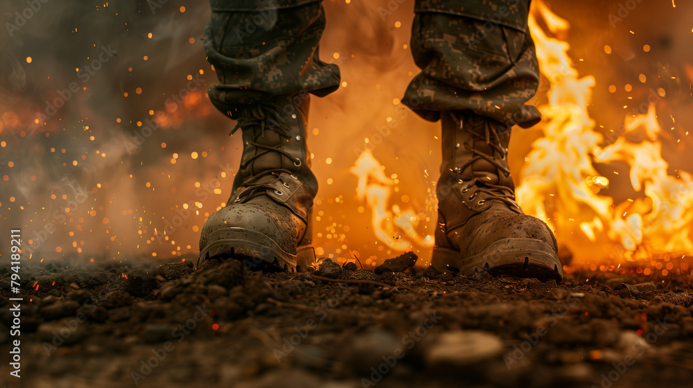 boots of a military army soldier background fire explosion Stock Photo ...