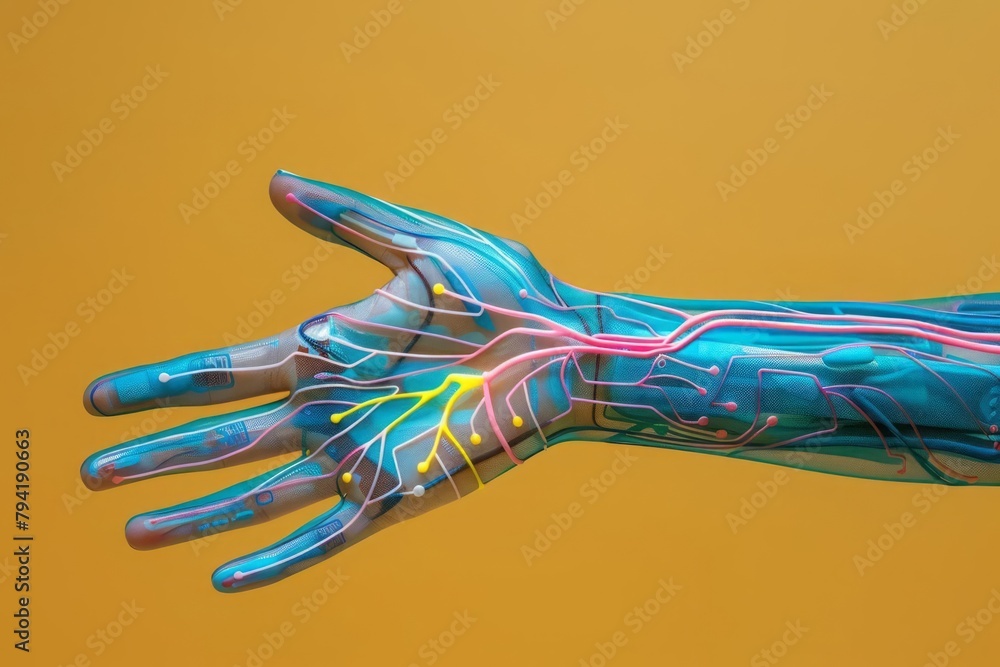 Hand with carpal tunnel, circuit-like lines showing nerve pathways ...