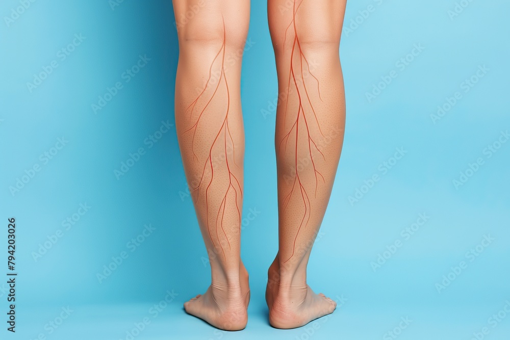 Patient with sign of varicose veins symptoms on a legs. Blue background ...