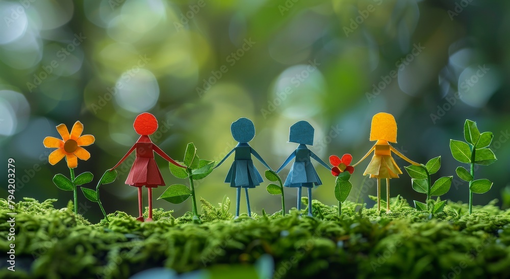 A group of paper dolls holding hands in a field of green grass. The ...