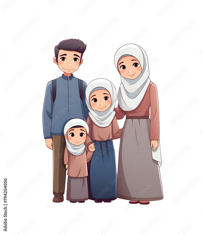 A heartwarming cartoon of a Muslim family with a son, all smiling and ...