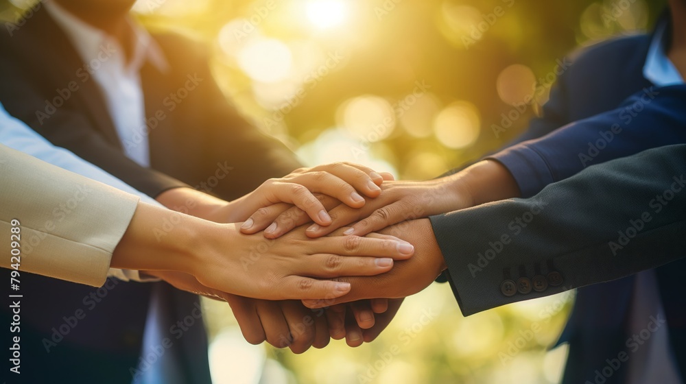 Group of friends with hands stacked one on top of another, friendship ...